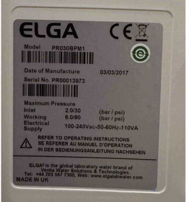 Elga PR007BPM1 PureLab Prima Water Purification System - Wynne Optics